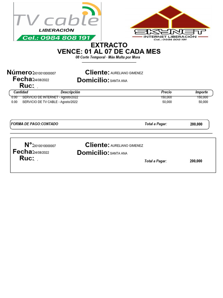 Extracto Vence: 01 Al 07 de Cada Mes Número: Fecha: Ruc: Cliente: Domicilio | PDF