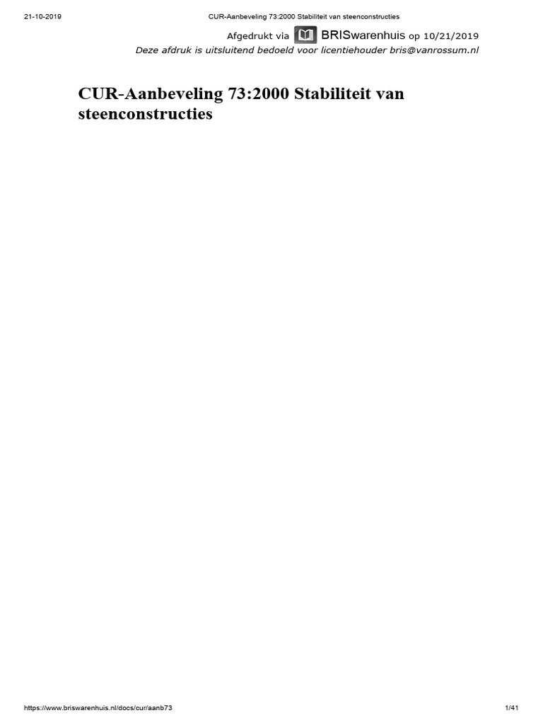CUR-Aanbeveling 73 - 2000 Stabiliteit Van Steenconstructies | PDF