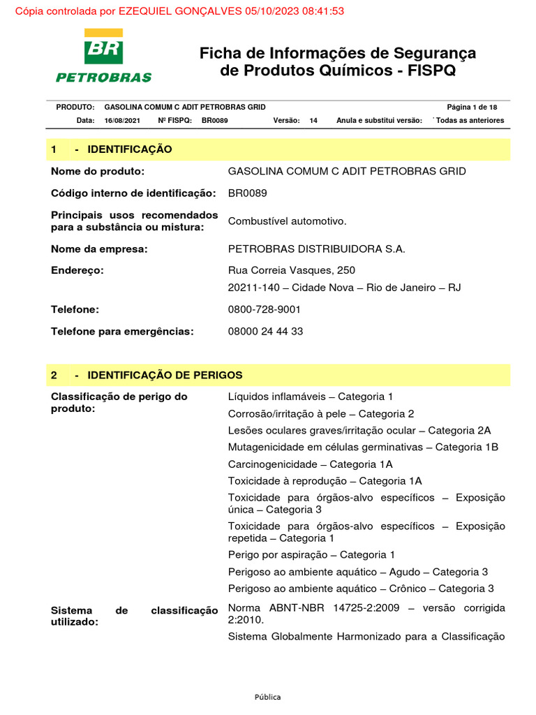 Fispq Gasolina Comum - Ecolab | PDF | Benzeno | Oxigênio