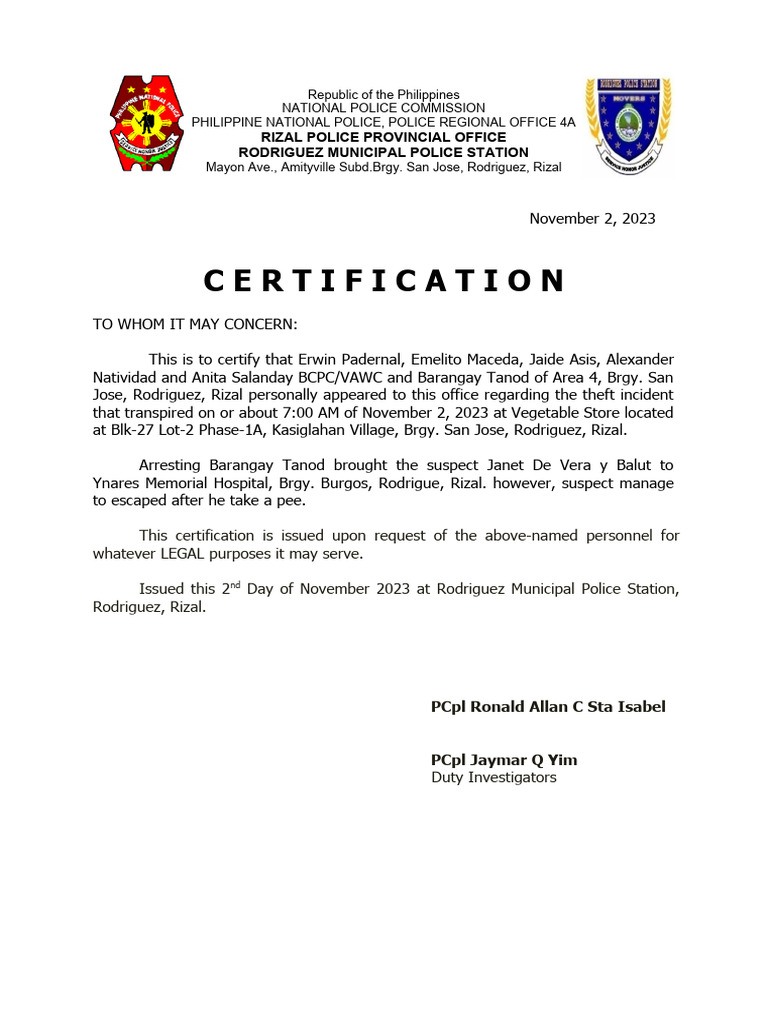 Certificate of Appearance Tanod | PDF