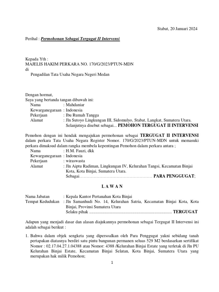 Surat Permohonan Sebagai Intervensi | PDF