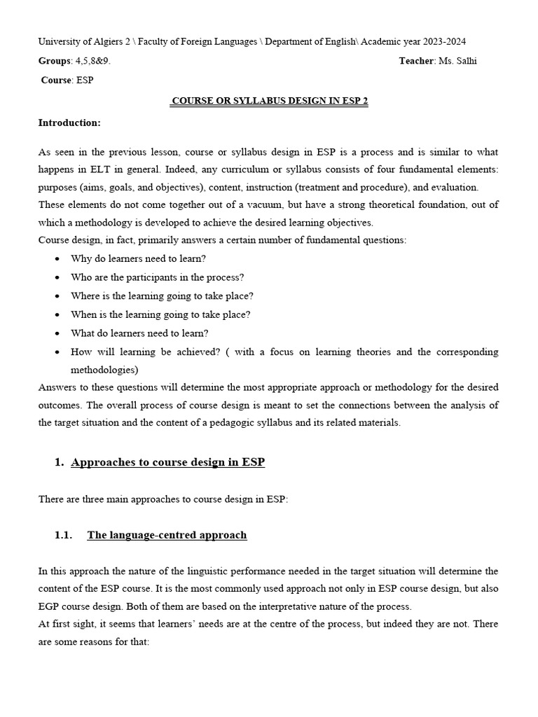 Course or Syllabus Design in Esp 2 | PDF | Learning | Methodology
