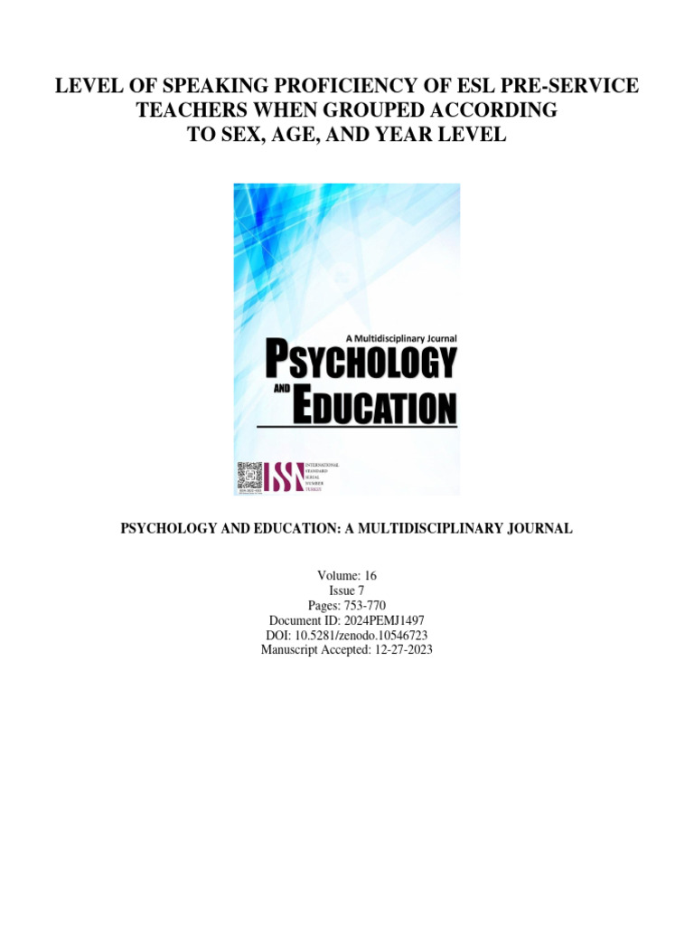 Level Of Speaking Proficiency Of Esl Pre Service Teachers When Grouped
