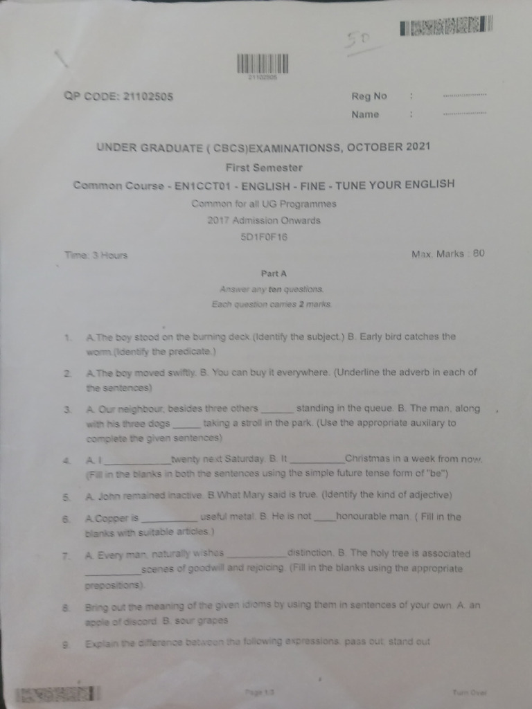 Fine-Tune Your English QP Oct 2021 | PDF | Adverb | English Language