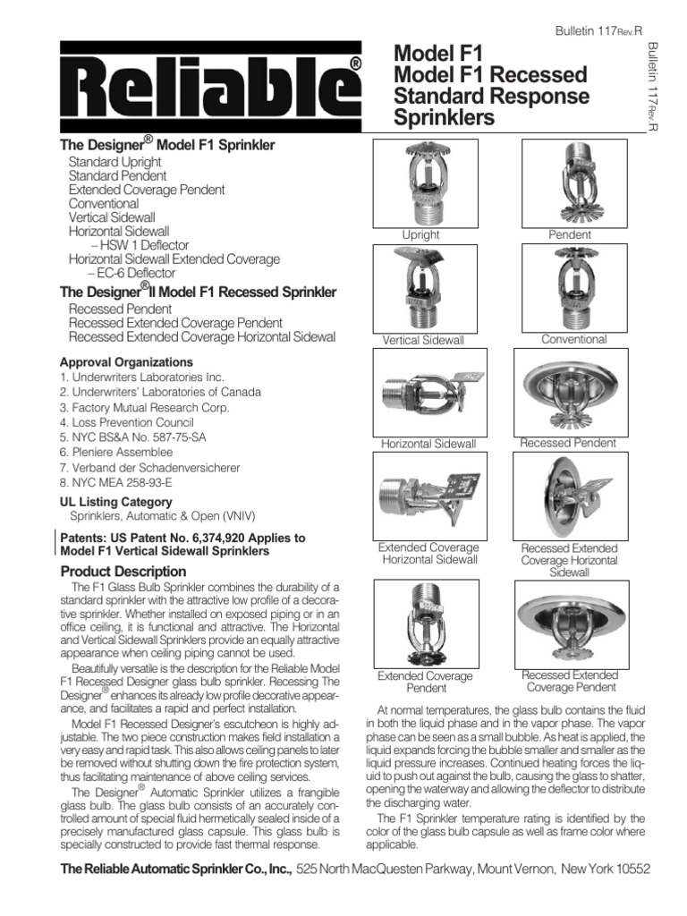 Manual - Reliable (Sprinklers F1 Vertical Sidewall Standard Response ... Manual - Reliable (Sprinklers F1 Vertical Sidewall Standard Response ...