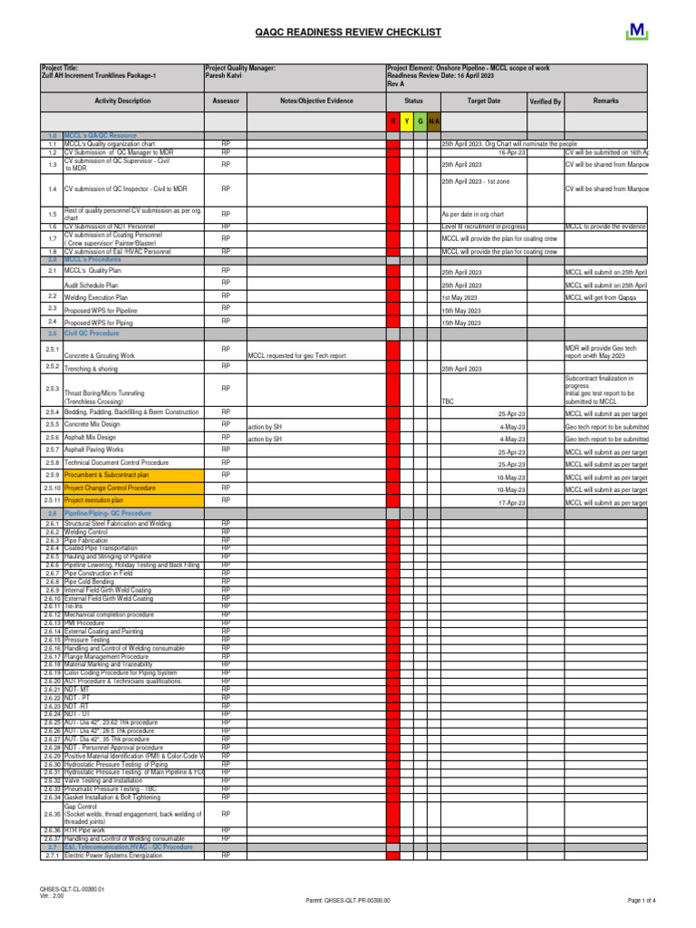 QAQC Readiness Review Checklist - Onshore Pipeline - MCCL - Rev A | PDF ...