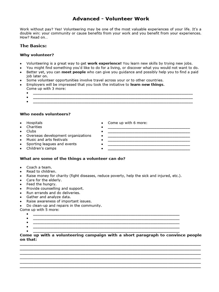 Advanced Conversation Volunteer Work - Handout | PDF | Volunteering