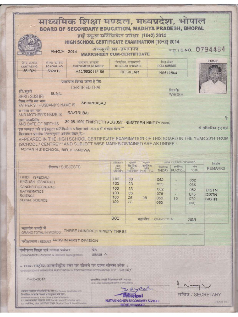 10th Marksheet | PDF