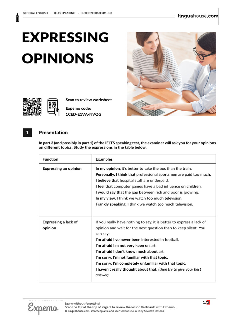 Expressing Opinions British English Teacher | PDF | Learning | Cognitive Science