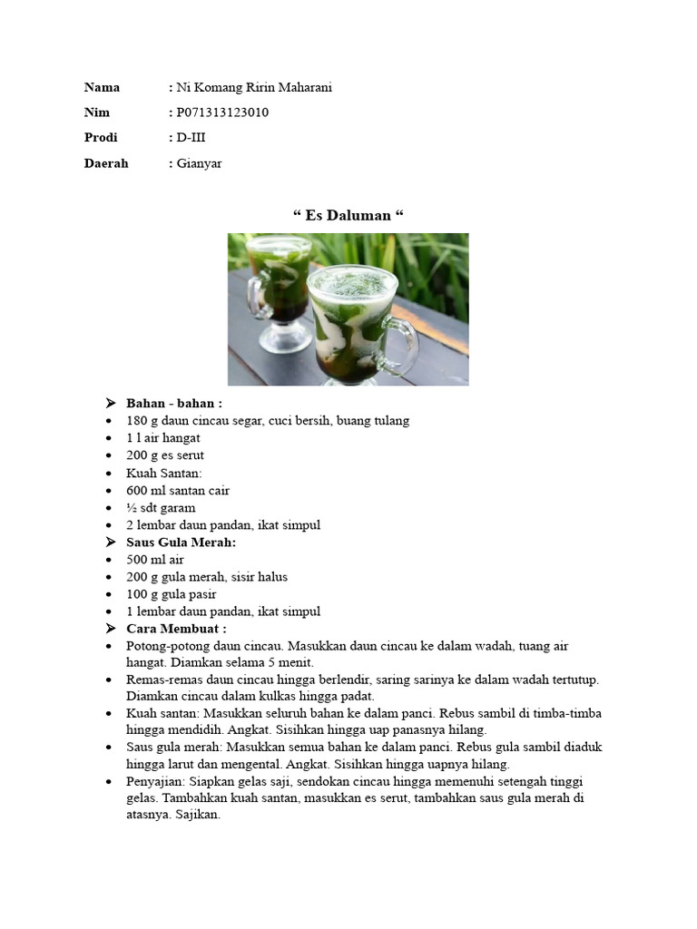 Resep Es Daluman Cincau Hijau | PDF | Memasak, Makanan, & Anggur