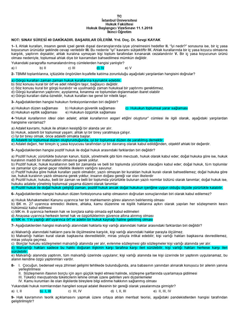 Iu Hukuk Baslangici Vize 11.1.2018 Cevap Anahtarli | PDF