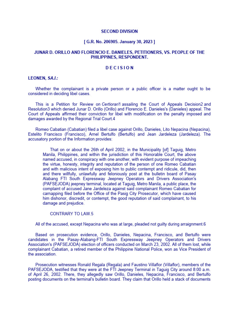 2023 - 0130 Orillo Et Al Vs People G.R. No. 206905 | PDF | Defamation ...