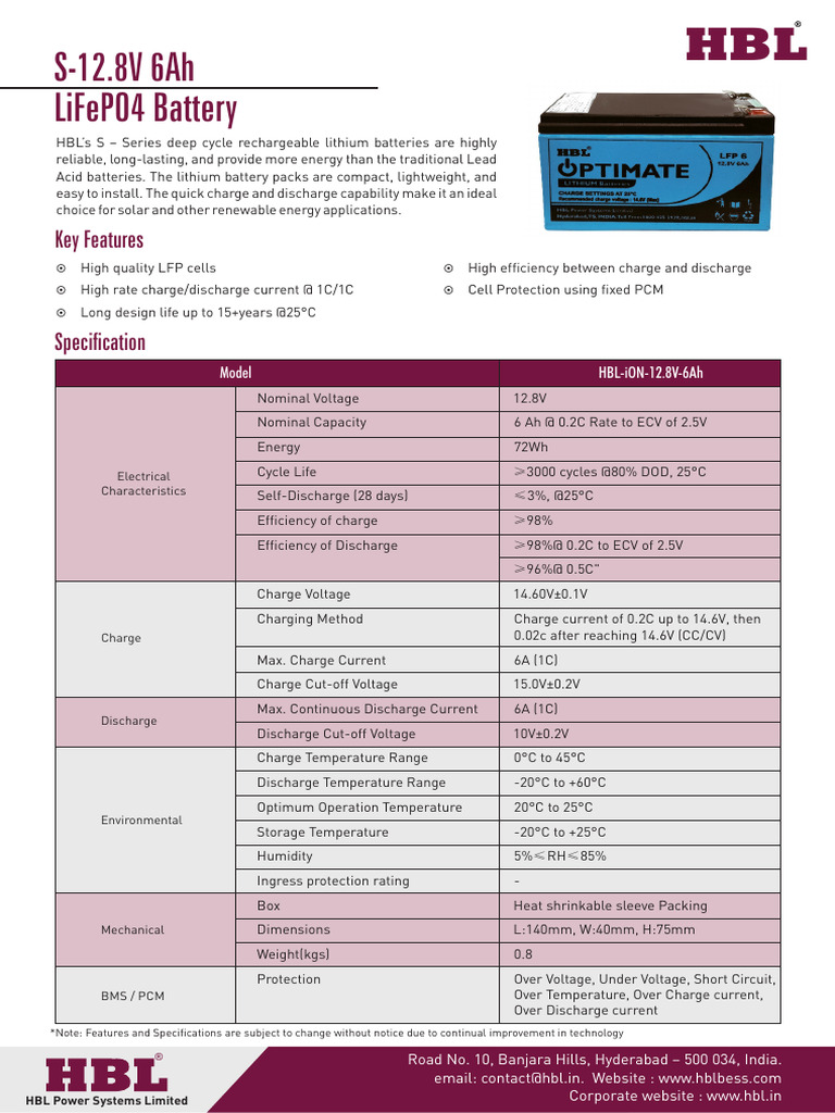 S-12.8V 6ah Lifepo4 Battery: Key Features | PDF | Rechargeable Battery ...