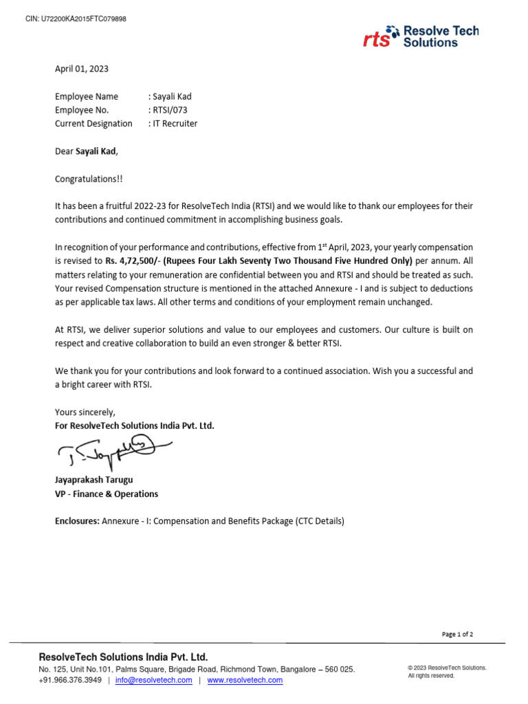 Revised Offer Letter - ResolveTech | Download Free PDF | Salary ...