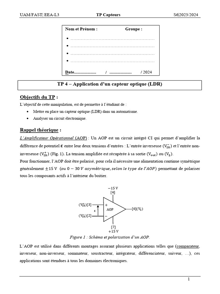 TP 3 Application Dun Capteur Optique | PDF | Amplificateur opérationnel | Biens manufacturés