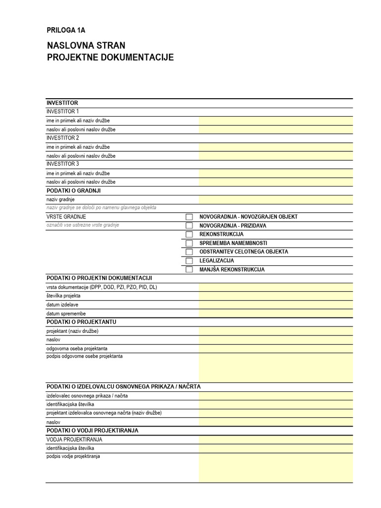 Priloga 1A - Naslovna Stran Projektne Dokumentacije | PDF