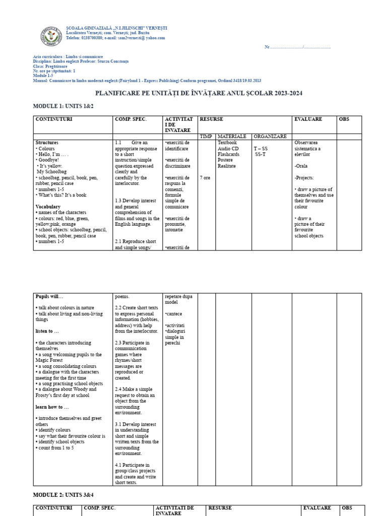 Fairyland - 1 - Planificare - Pe - Unitati - de - Invatare CLASA 1 2023 2024 BUNA | PDF | Senses