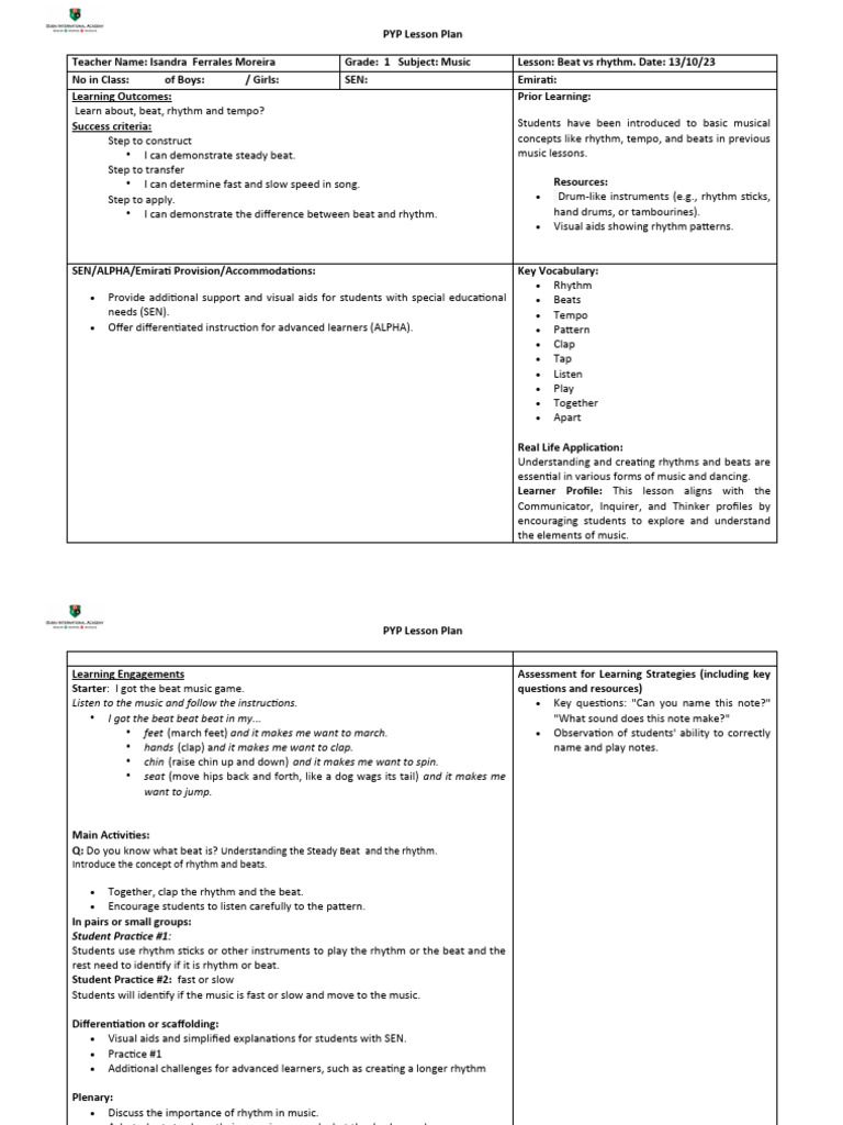 KHDA Lesson Plan Template Music | PDF | Rhythm | Learning