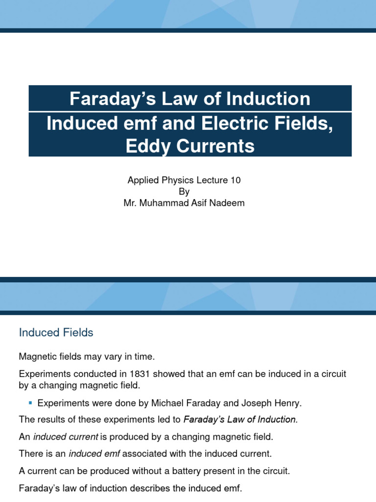 Faraday Law of Induction, Induced Emf and Electric Field, Eddy Current ...