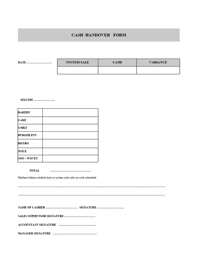 Cash Handover Form | PDF
