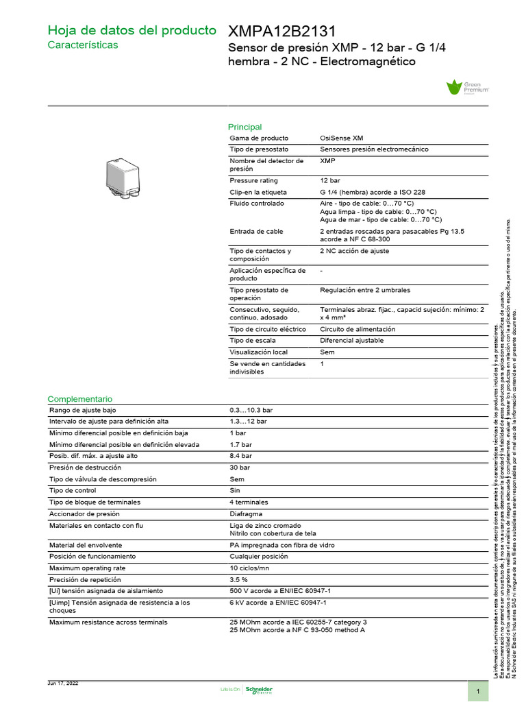 Schneider - Presostato Xmpa12b2131 | PDF | Electricidad | Ciencias fisicas