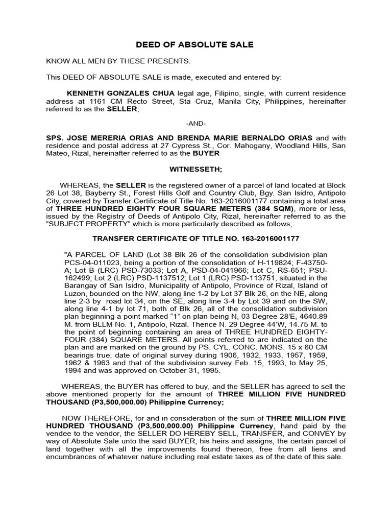 Deed of Absolute Sale | PDF | Common Law | Law And Economics