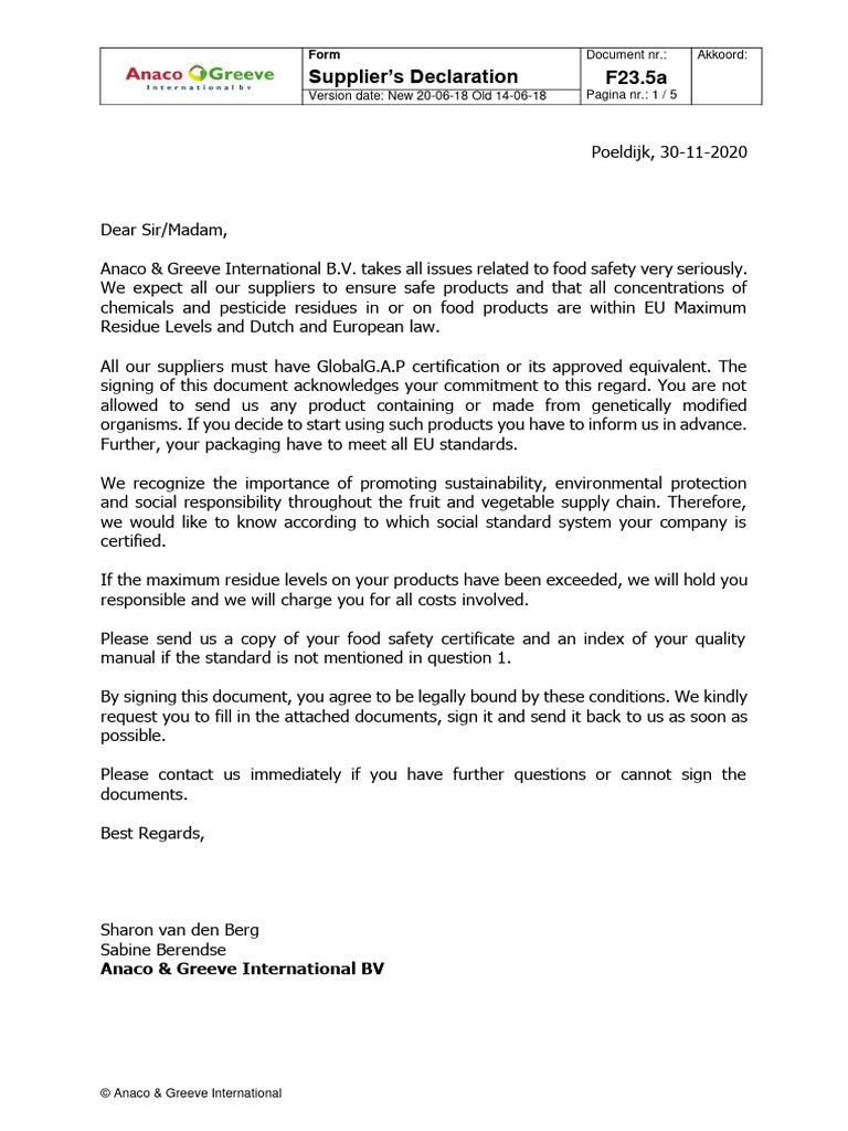 Supplier Declaration for Food Safety Compliance | PDF | Supply Chain ...