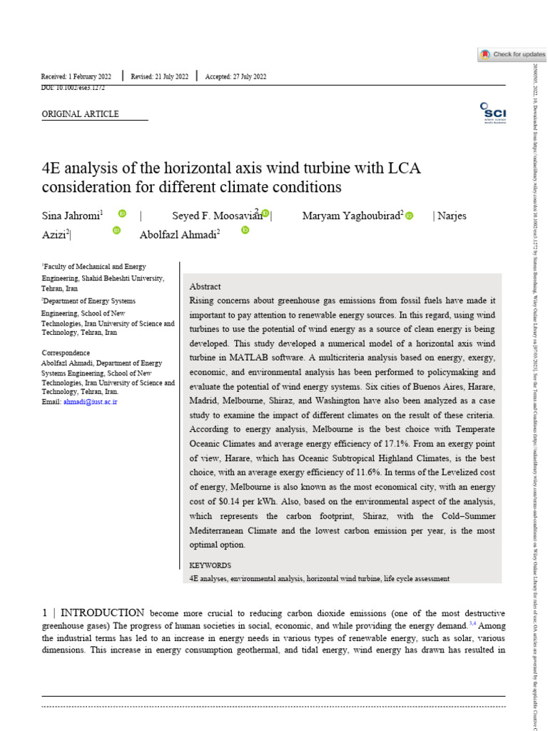 Energy Science Engineering - 2022 - Jahromi - 4E Analysis of The Horizontal Axis Wind Turbine ...
