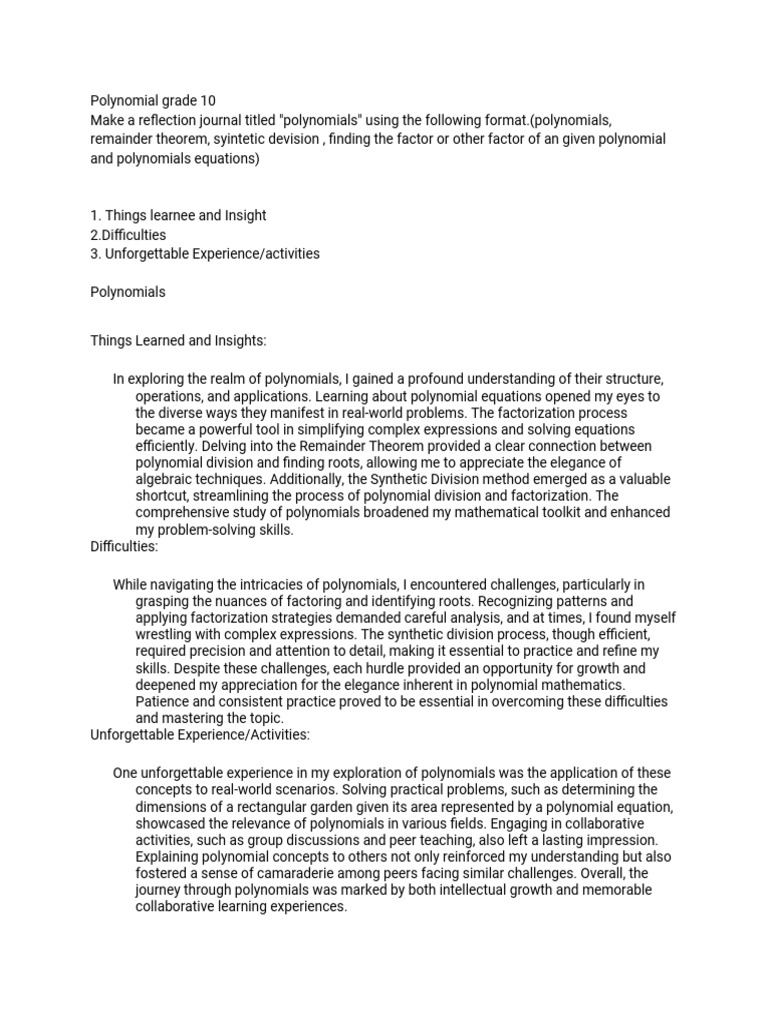 Polynomial Grade 10 | PDF | Polynomial | Factorization