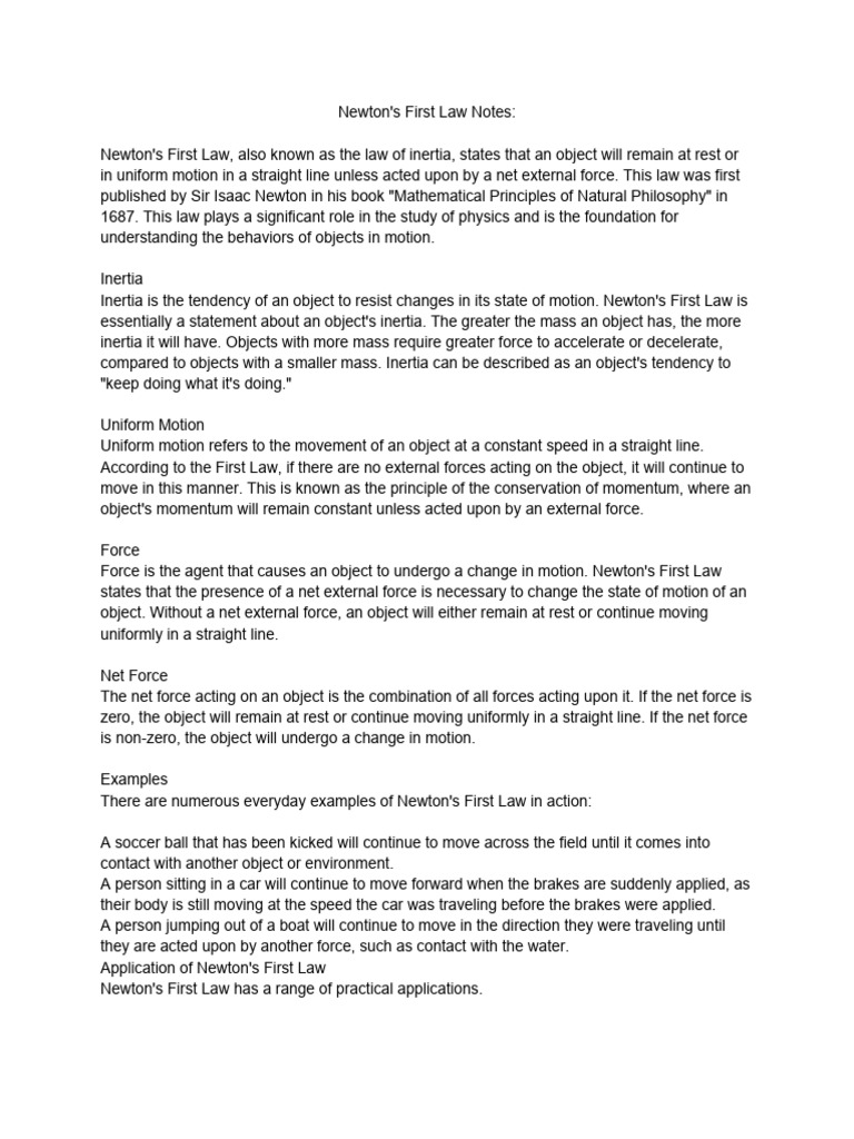 Newton's First Law Notes | PDF | Force | Inertia