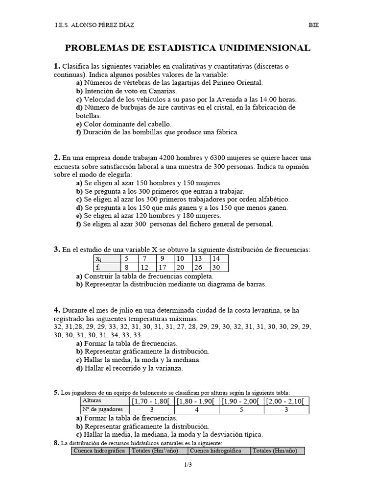 Problemas de Estadistica Unidimensional | PDF | Desviación Estándar | Muestreo (Estadísticas)