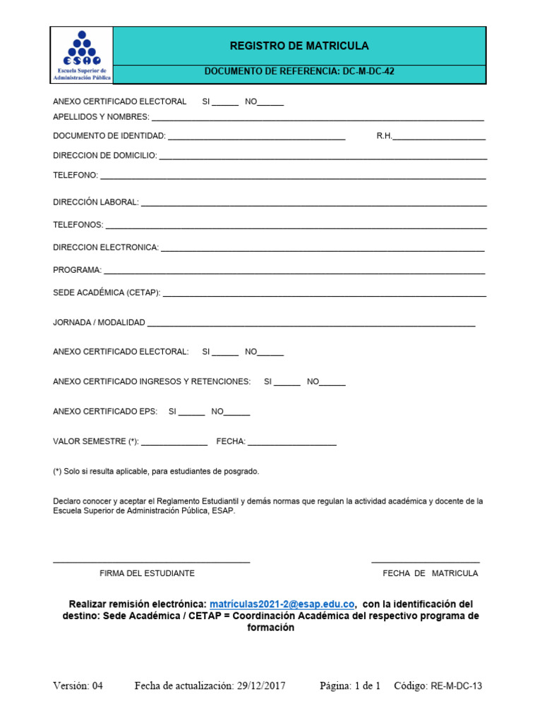 Formulario de Matrícula ESAP | PDF