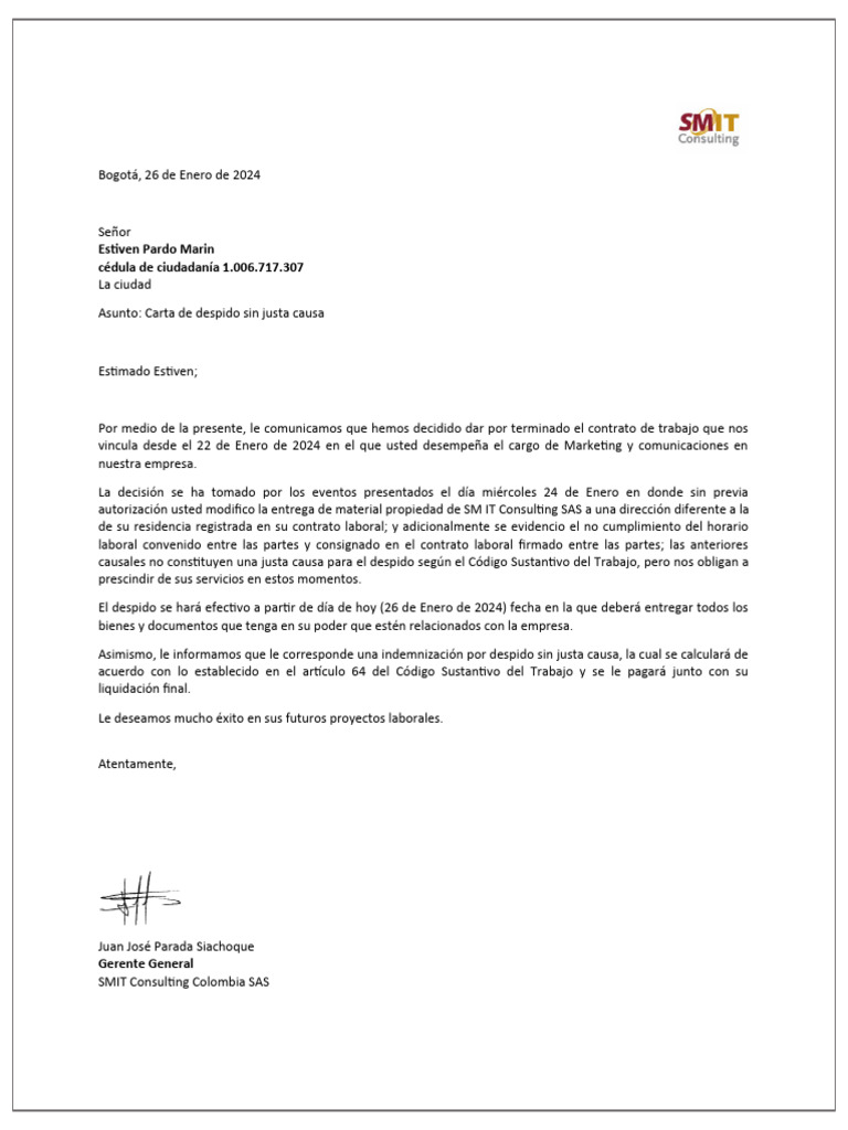 Carta De Despido Sin Justa Causa Word Colombia Pdf