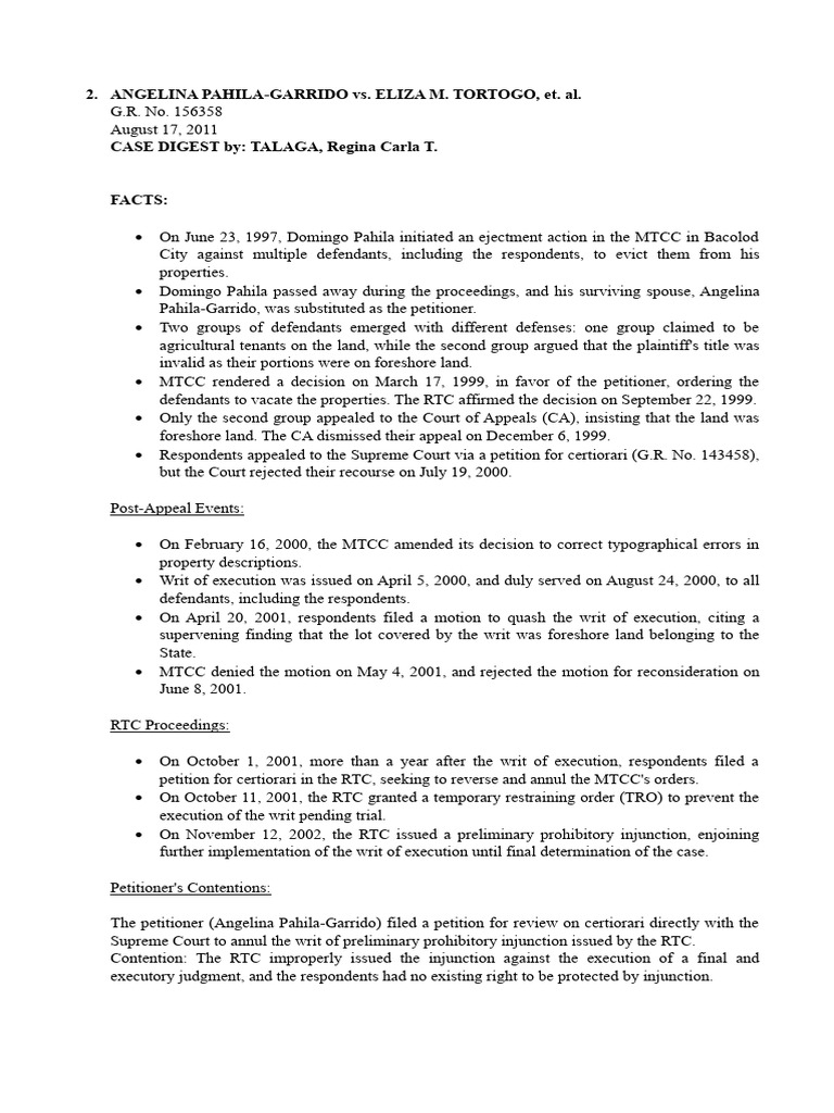 PAHILA-GARRIDO vs. TORTOGO Et. Al. - TALAGA | PDF | Injunction | Certiorari