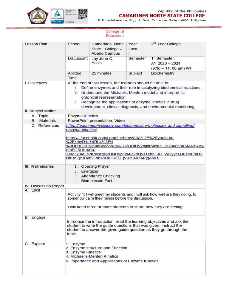 Lesson Plan (Tertiary Structure of Proteins) | PDF