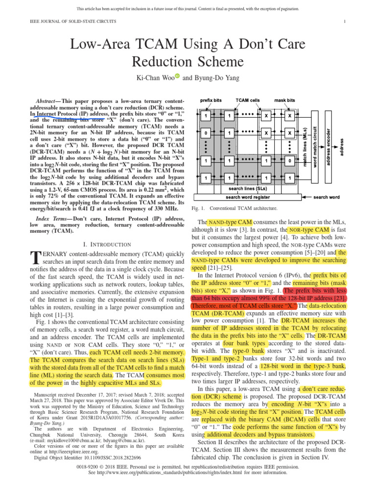 Low Area Tcam Using A Dont Care Reduction Scheme Pdf Digital