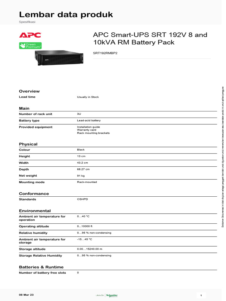 APC Smart-UPS SRT 192V Battery Pack Specs | PDF | Electricity ...