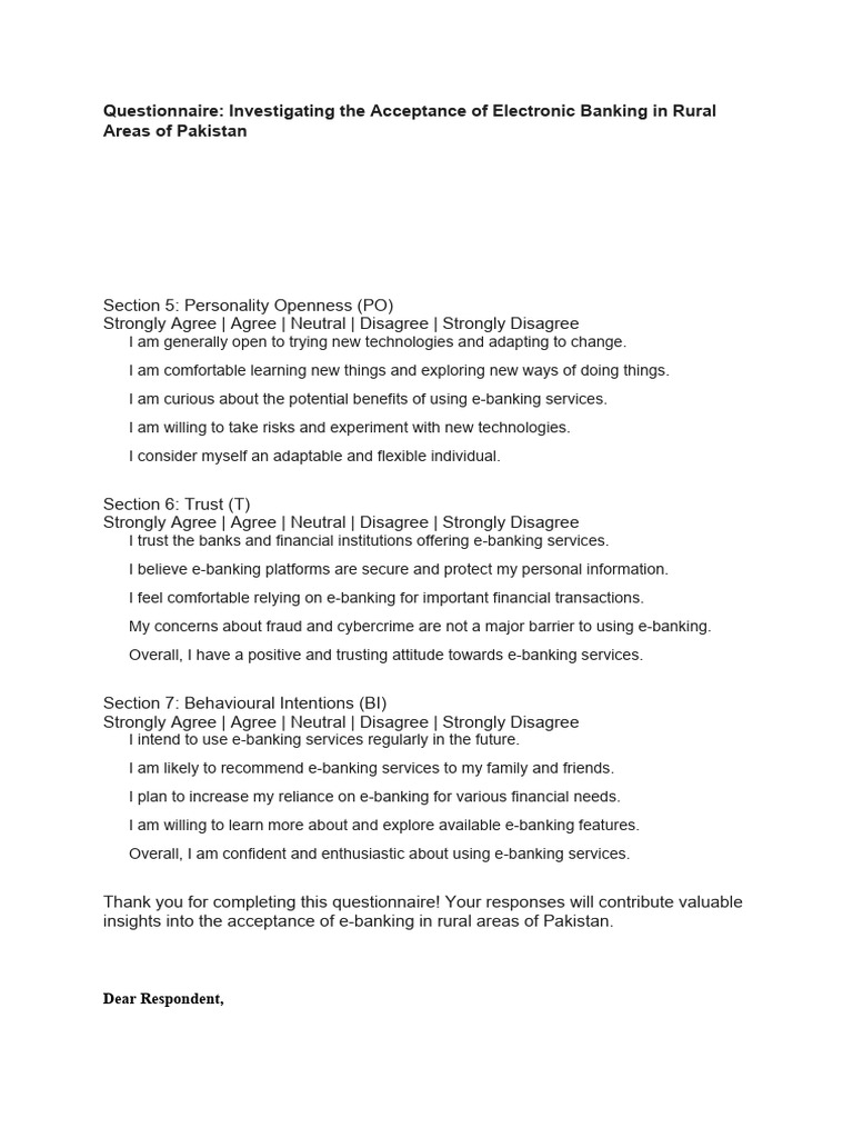 Questionnaire: Investigating The Acceptance of Electronic Banking in ...