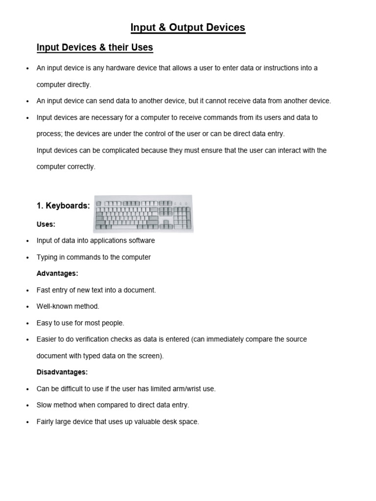 Input and Output Devices - Note 1 | PDF | Computer Keyboard | Image Scanner