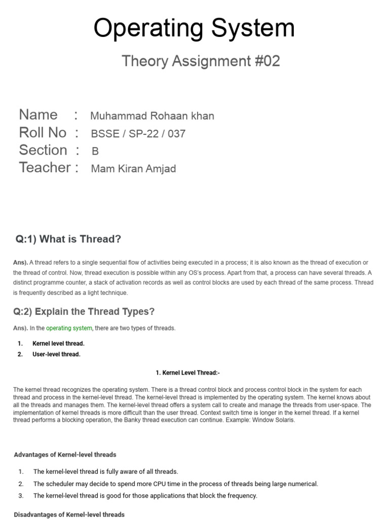 O.S - Theory Assignment 02 | PDF | Thread (Computing) | Kernel (Operating System)