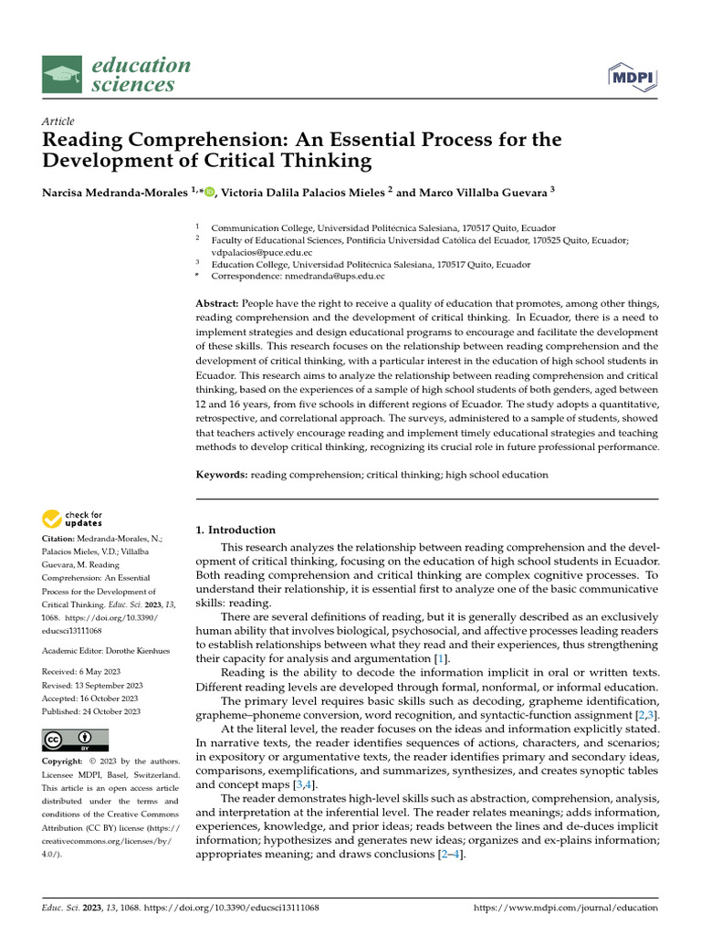 Education 13 01068 v2 | PDF | Critical Thinking | Reading Comprehension