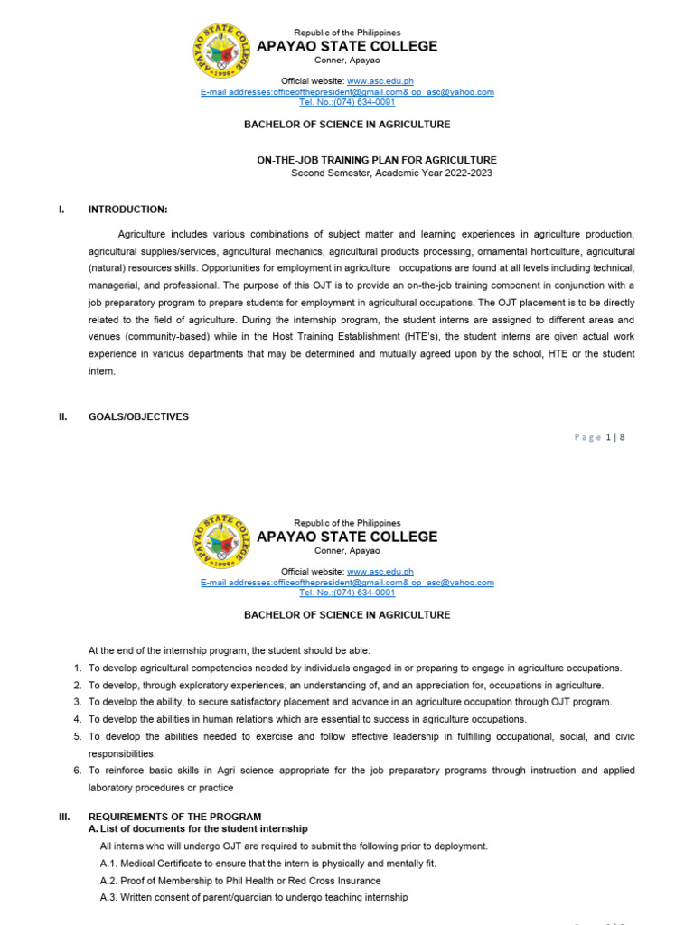 Ojt Plan For Agirculture | PDF | Internship | Job Hunting