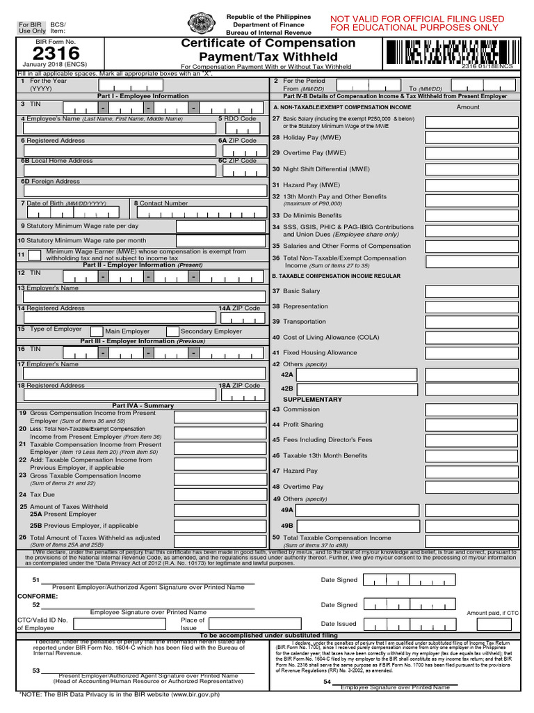 BIR Form 2316 | PDF | Cost Of Living | Taxes