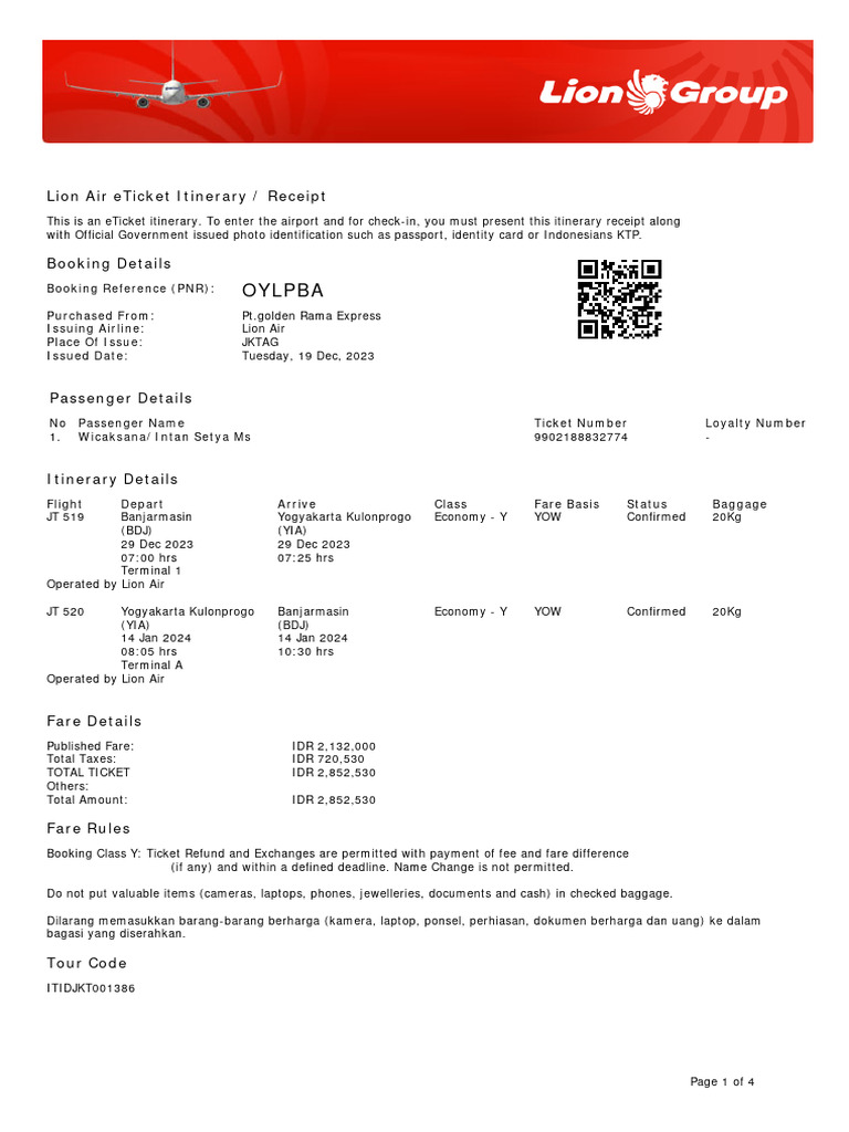 Lion Air eTicket for Wicaksana | PDF | Transport Companies | Airlines