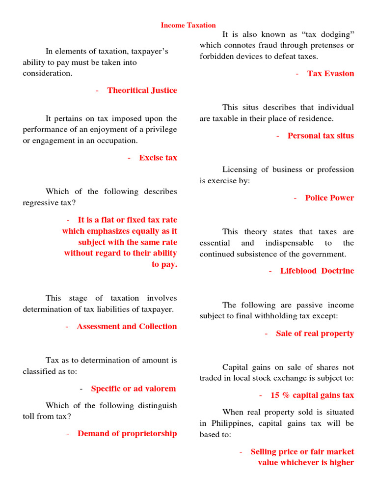 Income Taxation Reviewer | PDF | Taxes | Capital Gains Tax