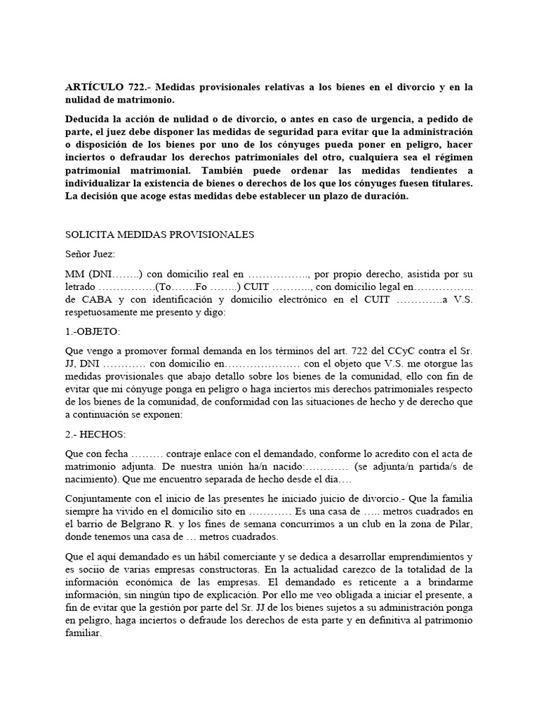 Solicita Medidas Provisionales Art. 722 CCC | PDF | Divorcio | Anulación