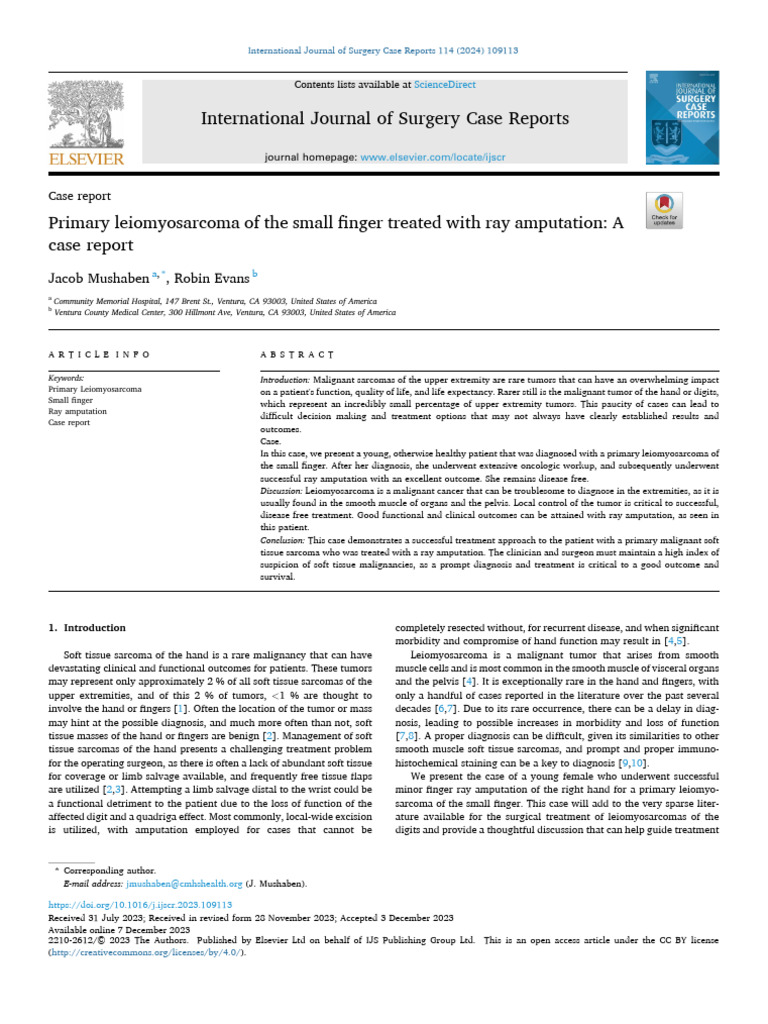 Primary Leiomyosarcoma of The Small Finger Tre 2024 International ...
