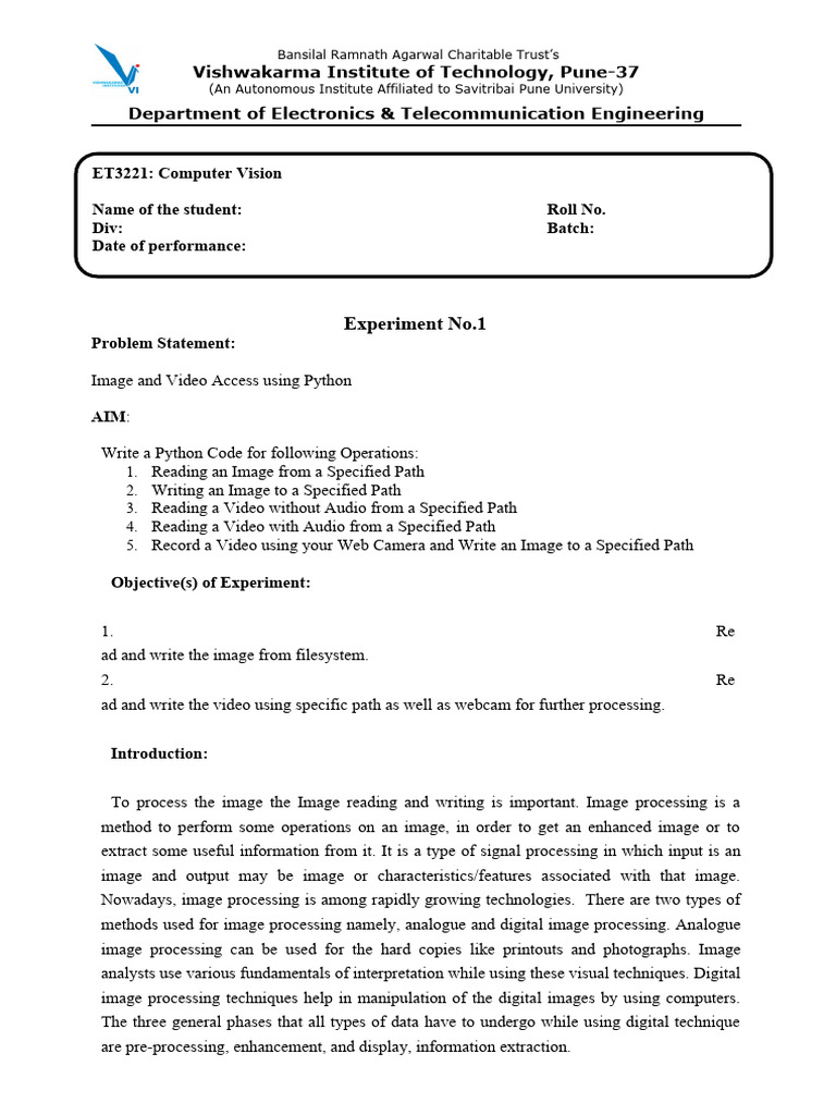 CV Lab 1 - Complete - Image Handling | PDF | Image | Video