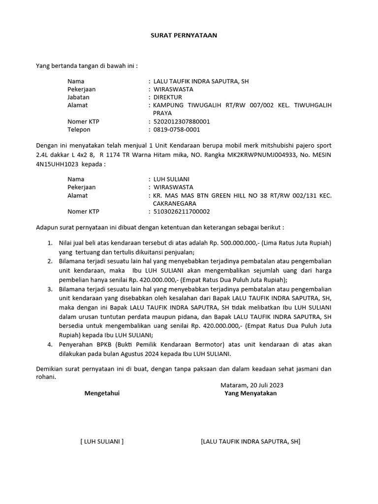 SURAT PERNYATAAN Penjualan Mobil Pajero | PDF | Pengelolaan Keuangan ...