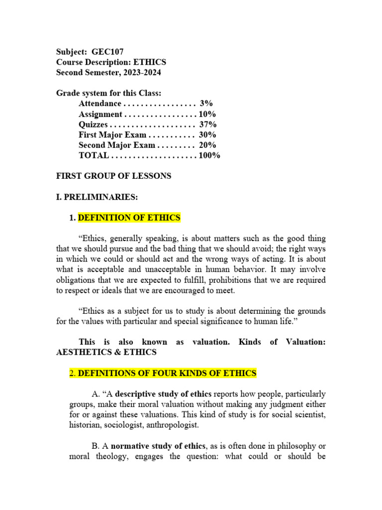 ETHICS 1st Lesson | PDF | Morality | Reason